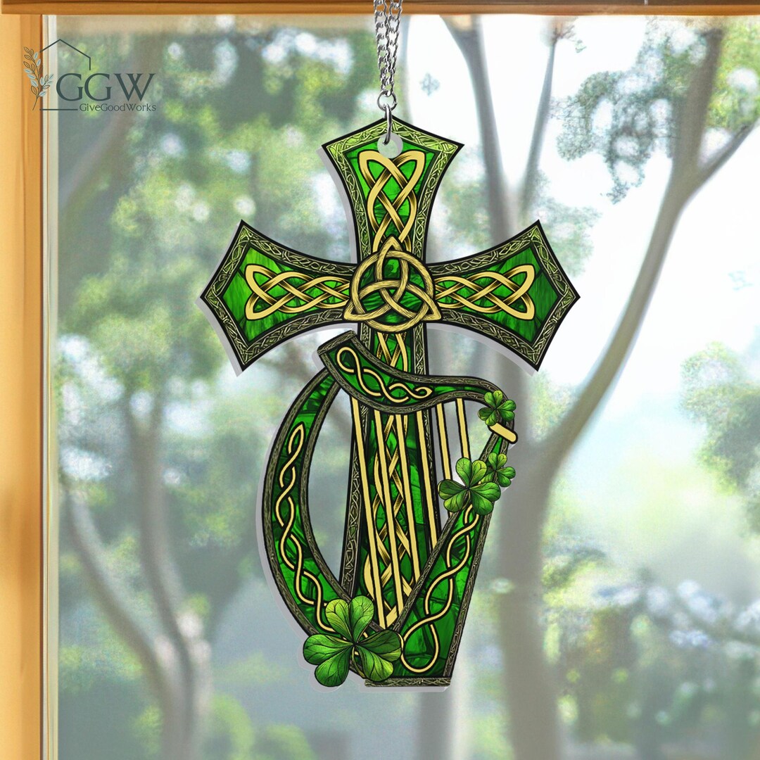 Celtic Cross and Harp Acrylic Suncatcher Hanging, Irish Window Hanging ...