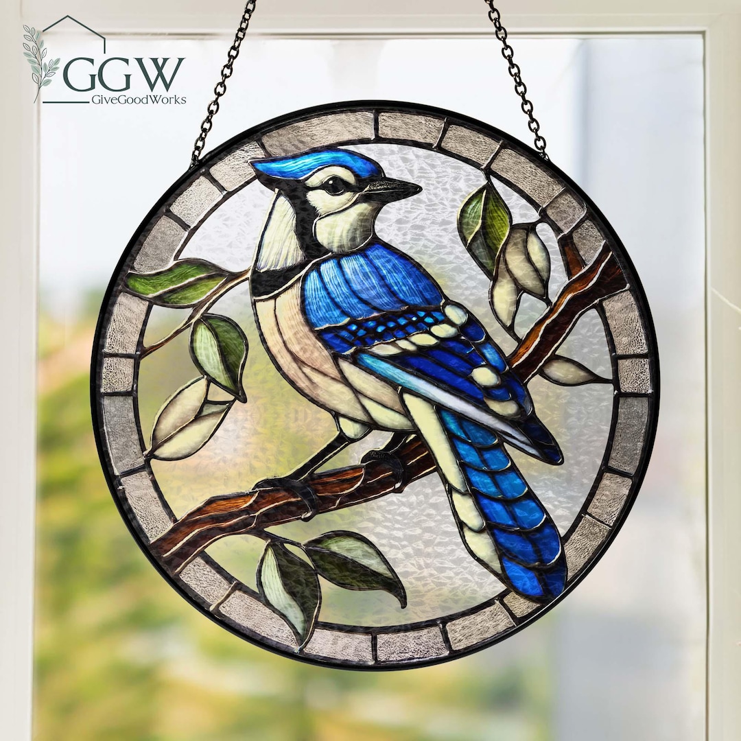 Blue Jay Stained Glass Suncatcher Decor, Blue Bird Ornament, Blue Jay Hanging Art, Bird-watching ...