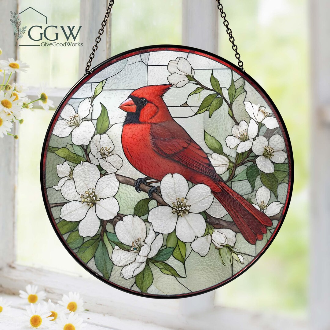 Red Cardinal Stained Glass Suncatcher Hanging, Cardinal Home Decor ...