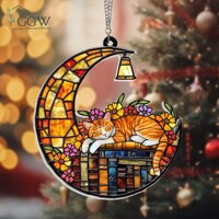 Personalized Cat Book Suncatcher Ornament, Custom Reading Cat Acrylic ...