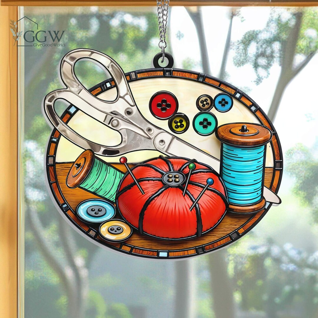 Handmade Sewing Tools Suncatcher, Sewing Machine Decoration, Quilting ...