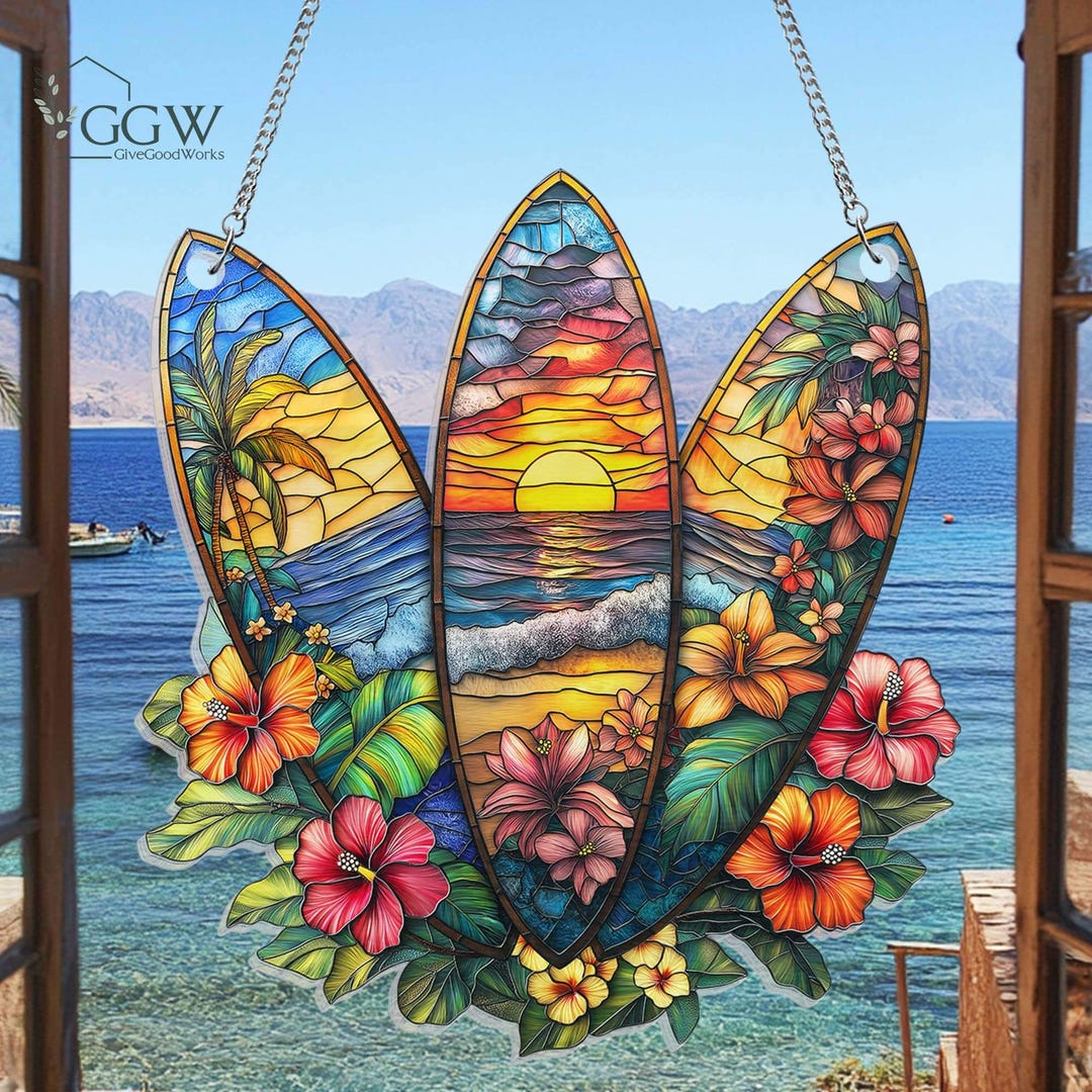 Surfboard Acrylic Suncatchers, Surfboard Window Hanging, Coastal Home ...