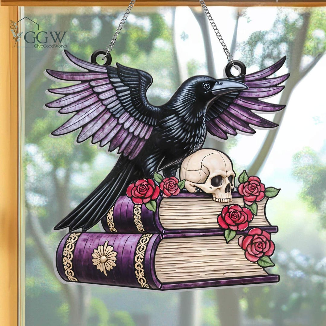 Raven Skull Suncatcher Hanging Sign, Raven Suncatcher, Book Lover Gift ...