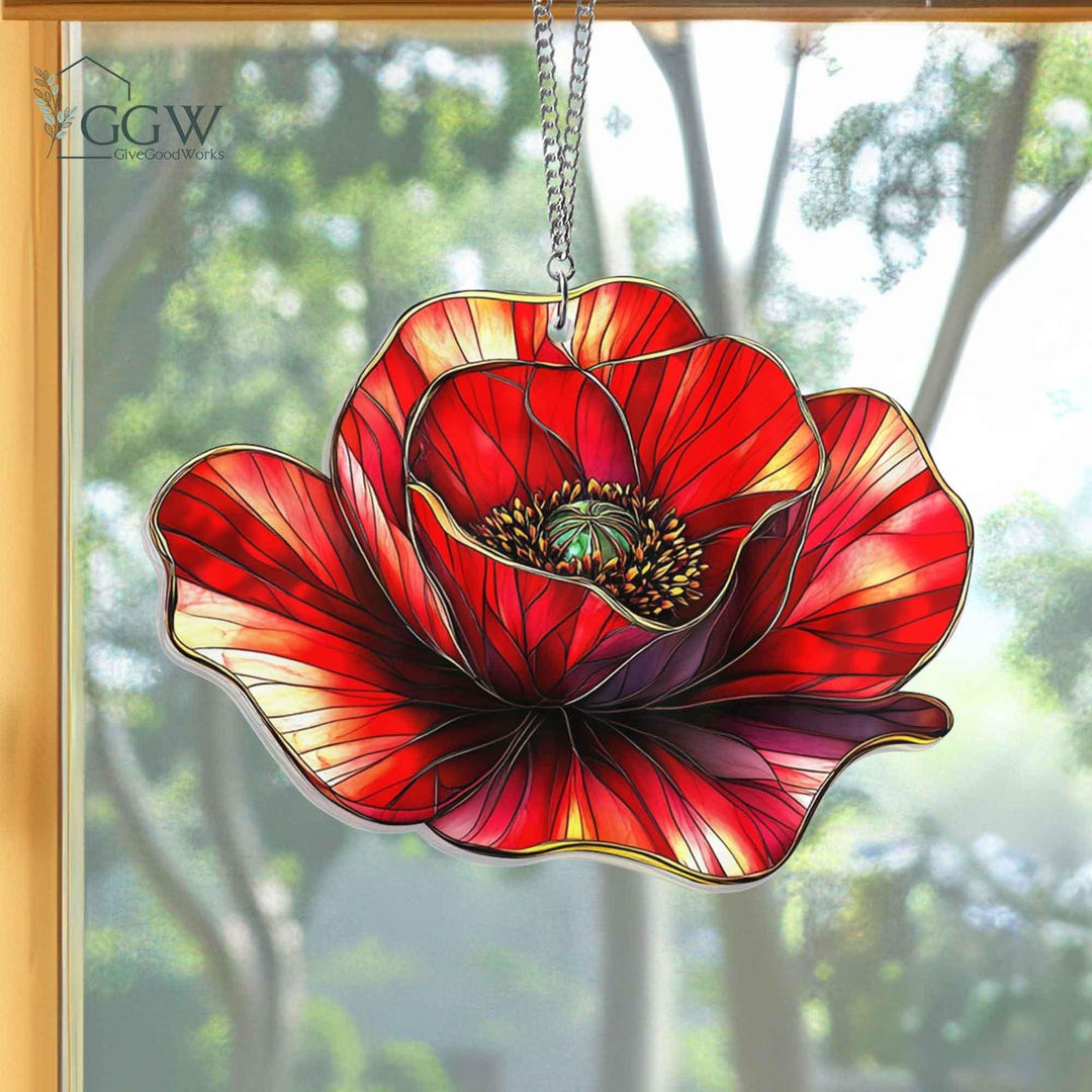 Poppy Acrylic Suncatcher Window Hanging, Poppy Flower Ornament, Peony ...