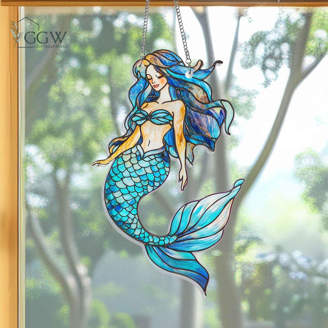 Mermaid Suncatcher Hanging Sign, Mermaid Acrylic Window Hanging ...