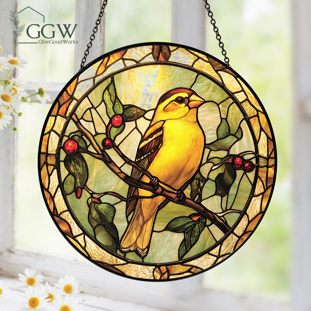 Goldfinch Suncatcher, Stained Glass Bird, Yellow Bird Decor, Goldfinch ...