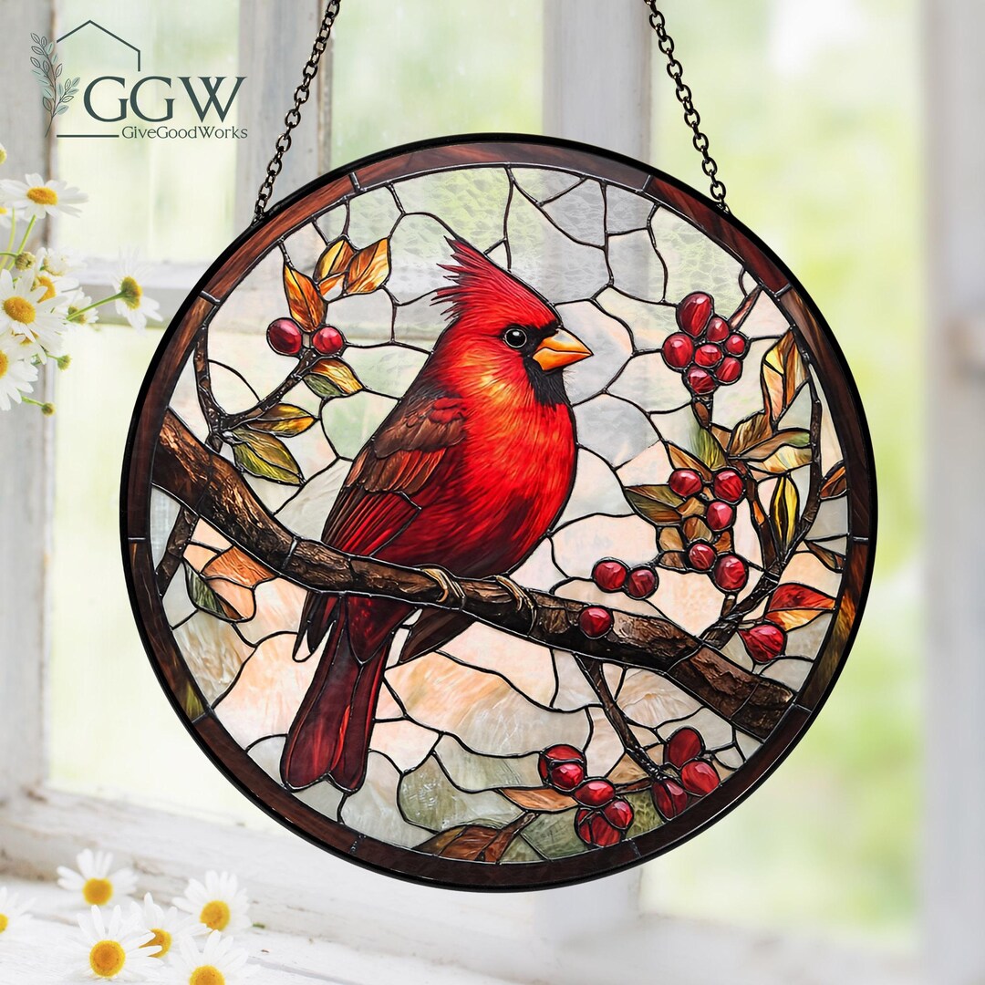 Cardinal Suncatcher, Stained Glass Cardinal, Memorial Cardinal ...