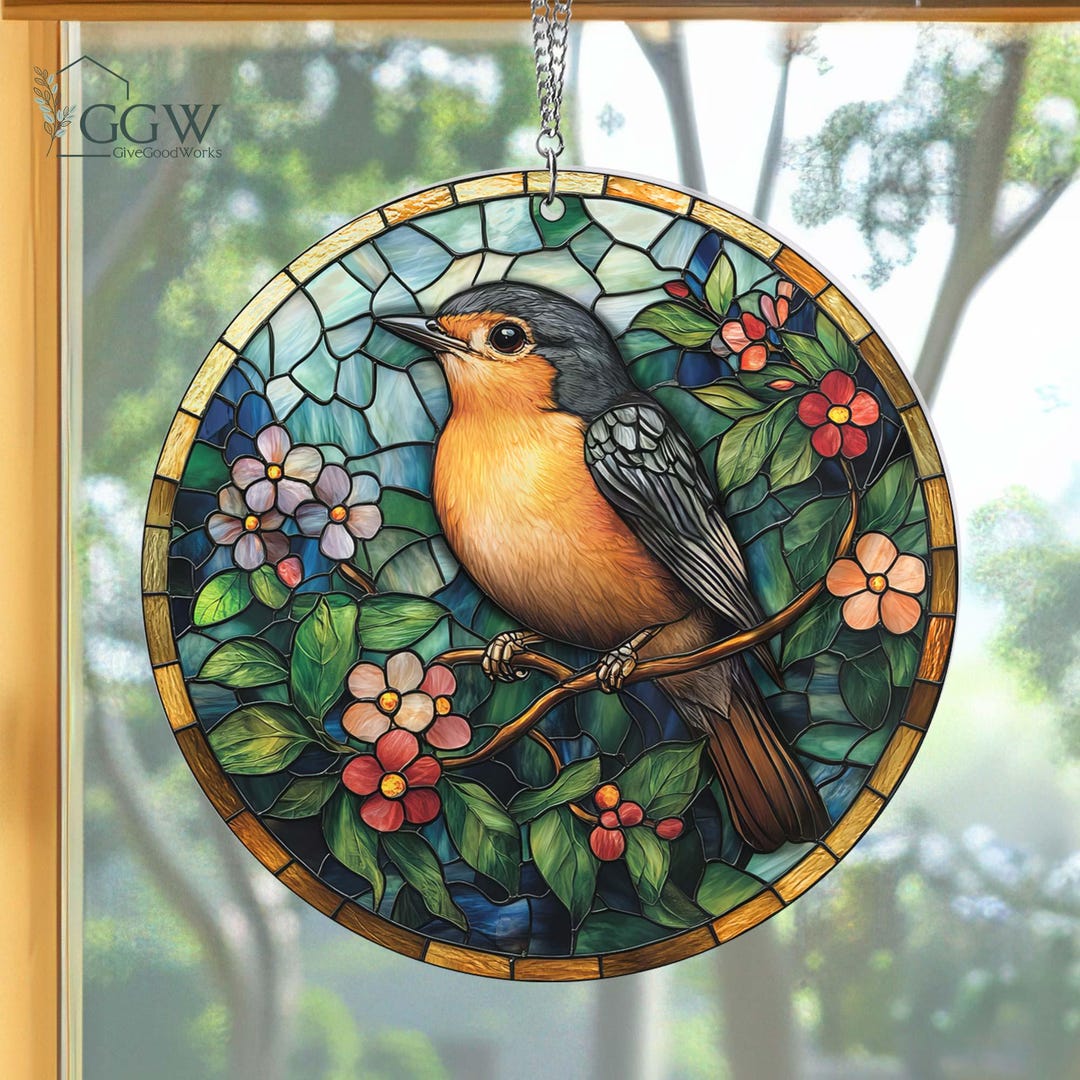 Robin Bird Acrylic Suncatcher, Robin Bird Window Hangings, Bird Flower ...