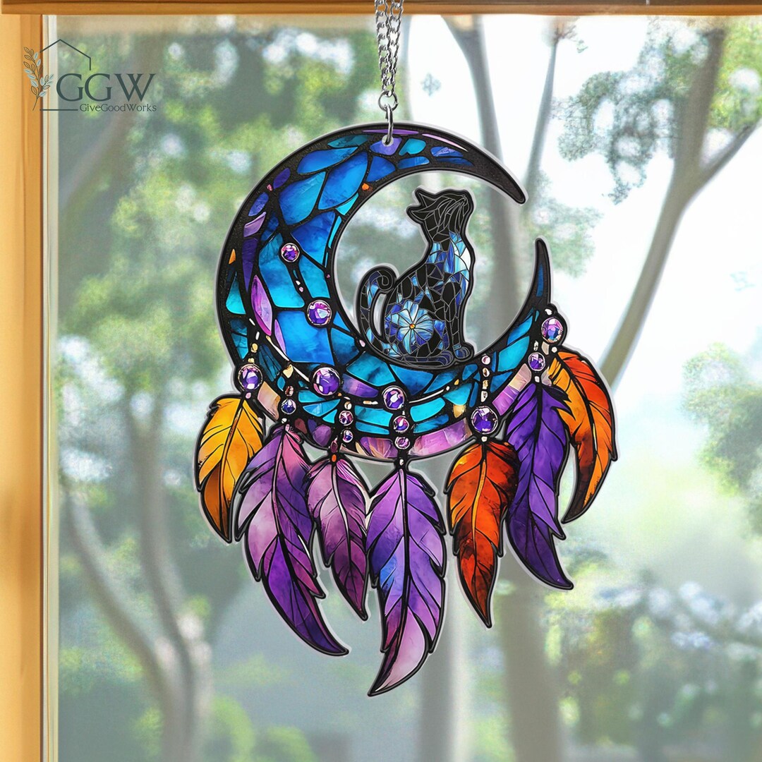 Cat on the Moon Suncatcher, Cat Moon Dreamcatcher, Cat Moon Window ...