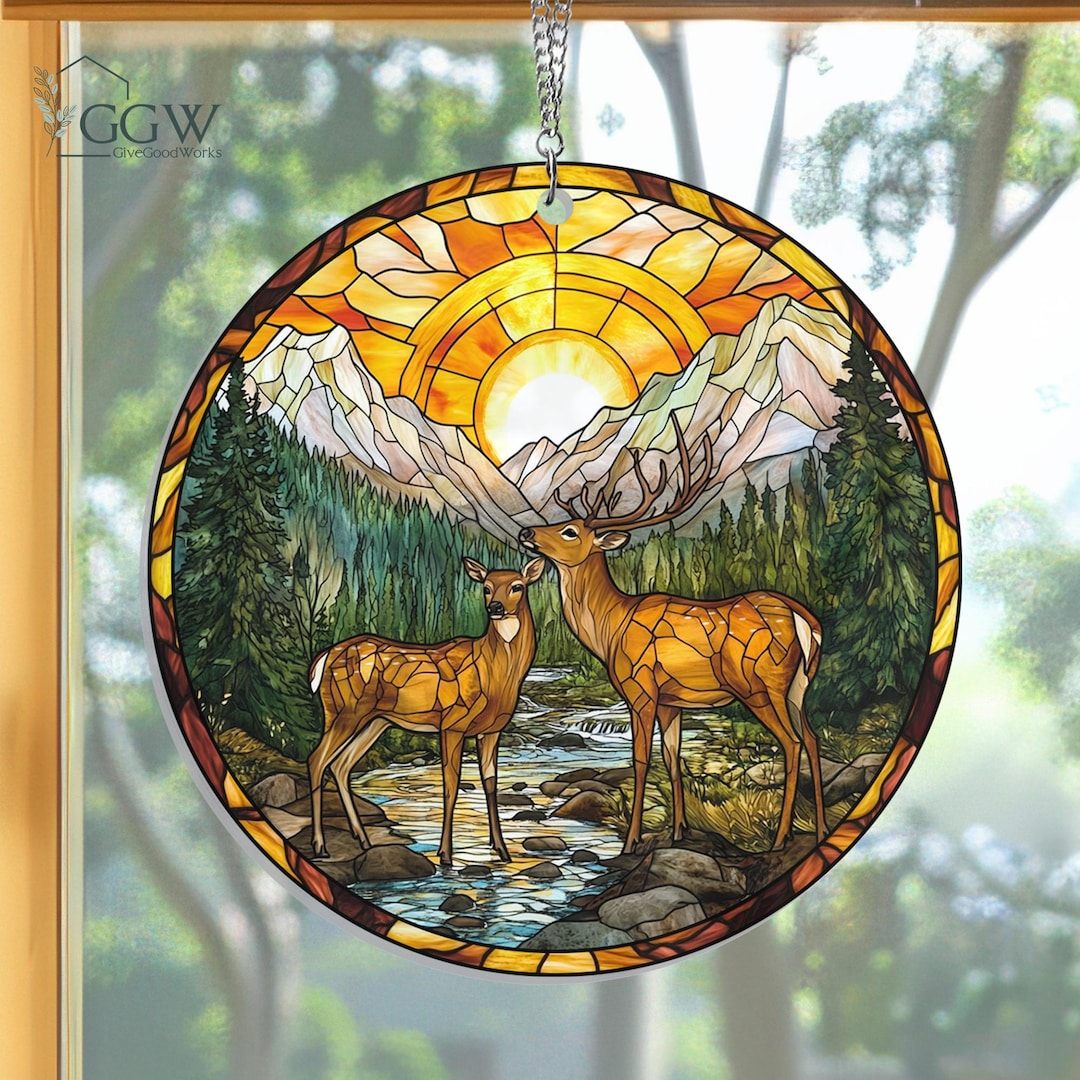 Forest Deer Couple Acrylic Suncatcher Hanging Sign, Deer Hunting Lover ...