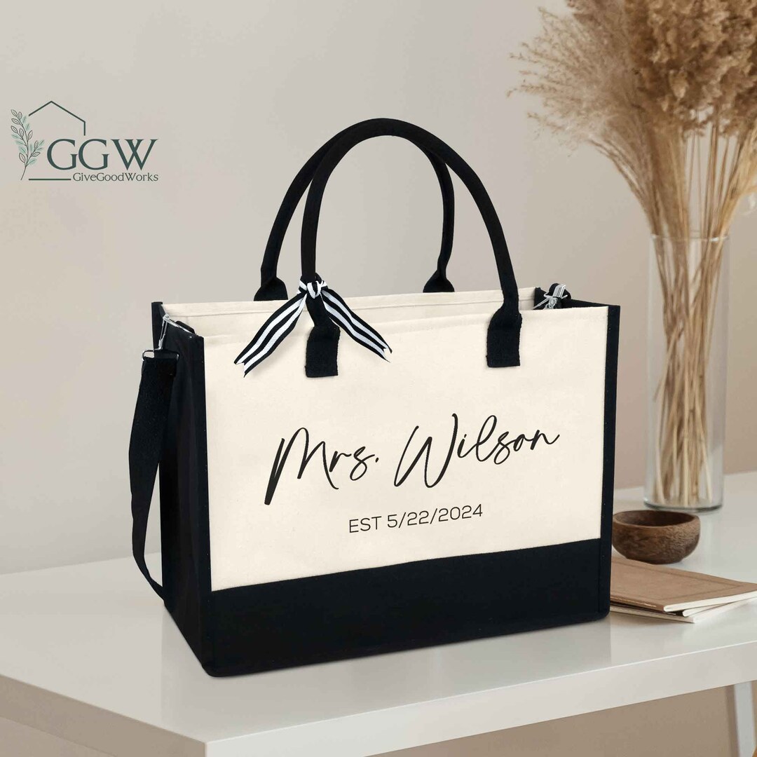 Mrs. Last Name Est Year Tote Bag, Personalized Date Wedding Bag, Bridal ...