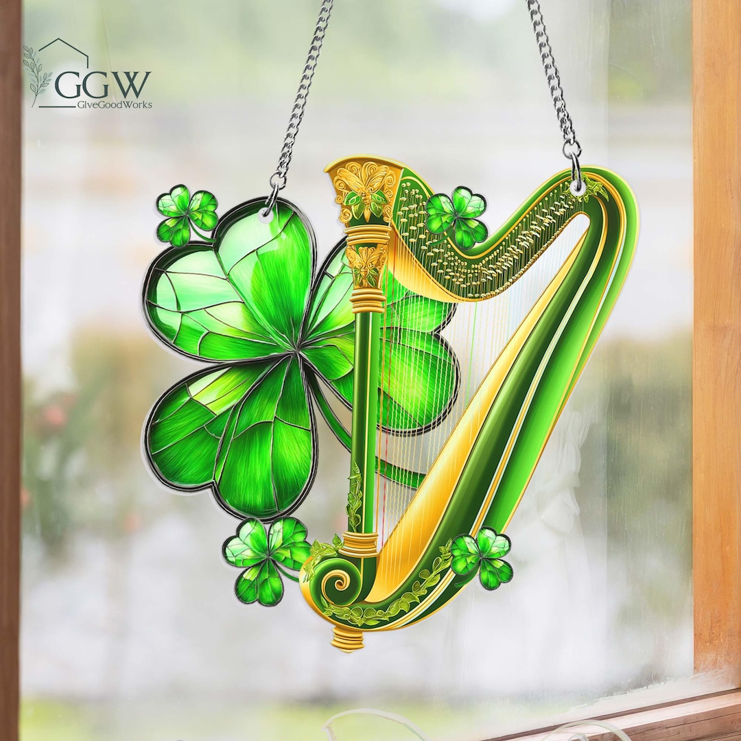 Shamrock Window Hanging, Shamrock Suncatcher, Irish Harp Window Decor ...