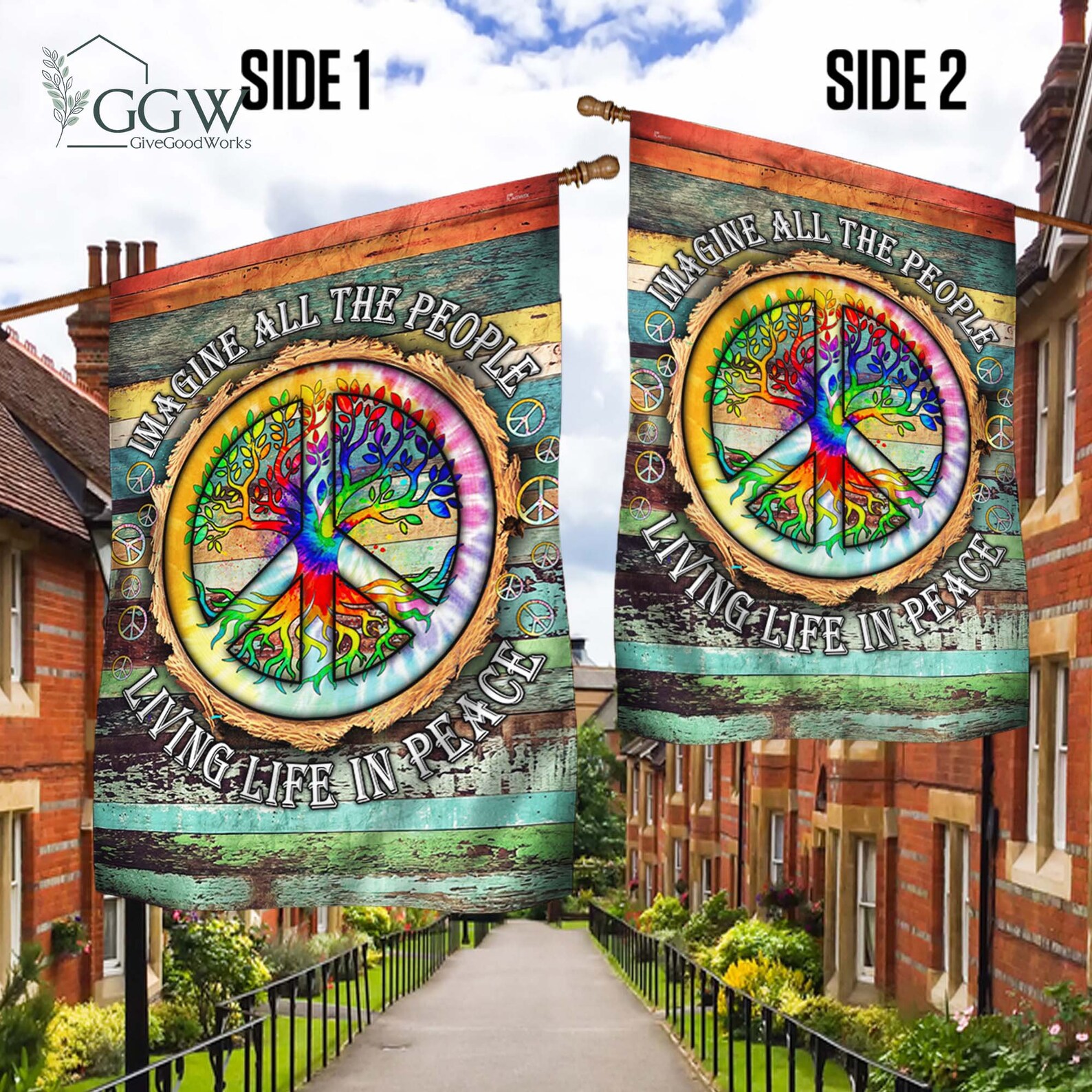 Peace Sign Hippie Flag, Imagine All the People Living Life in Peace ...