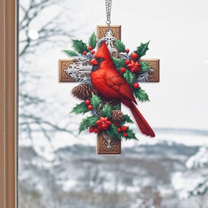Cardinal Acrylic Suncatcher Hanging, Cross Suncatcher, Cross With ...
