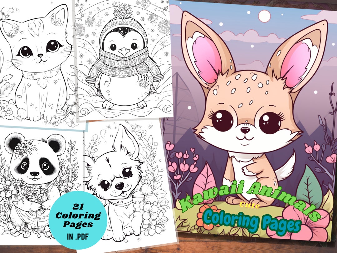 21 Kawaii Animals Coloring Page Book, Adults + Kids- Instant Download ...