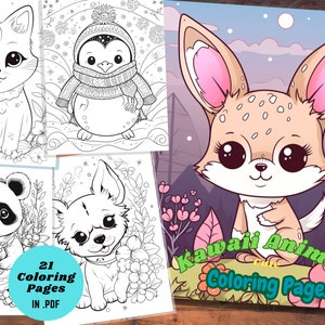 21 Kawaii Animals Coloring Page Book, Adults Kids Instant Download ...
