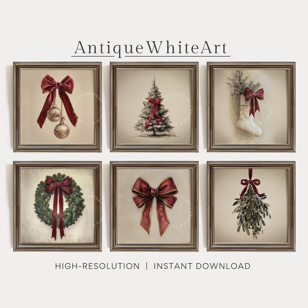 Vintage Christmas Prints: Gallery Set of 6, Christmas Tree & Red Bow ...