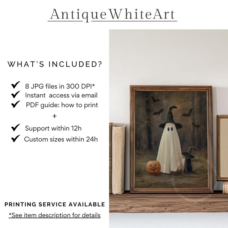 PRINTABLE Vintage Halloween Print, Cute Ghost and Black Cat in Dark ...