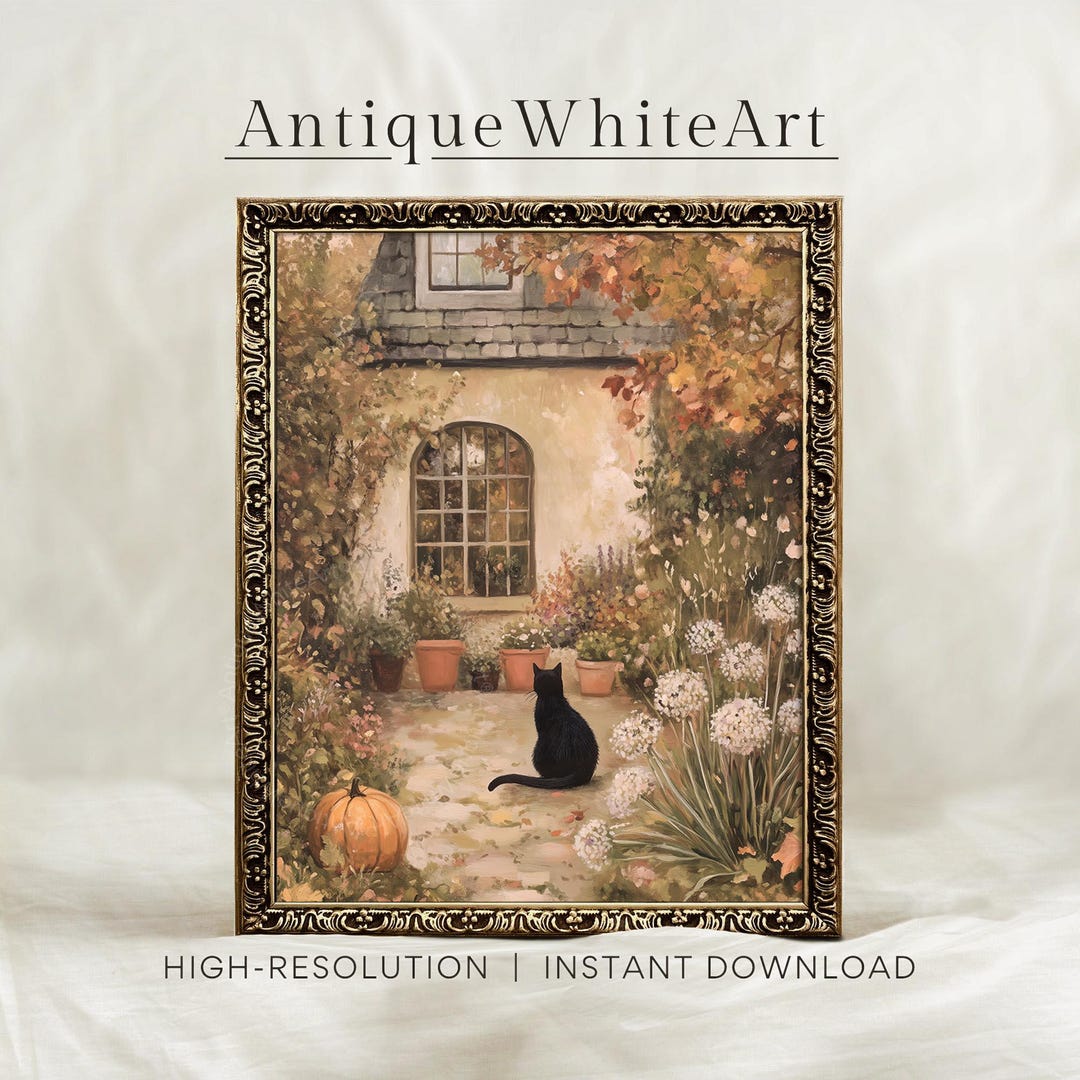 Black Cat Cottage Print: Vintage Autumn Pumpkin Garden (digital ...