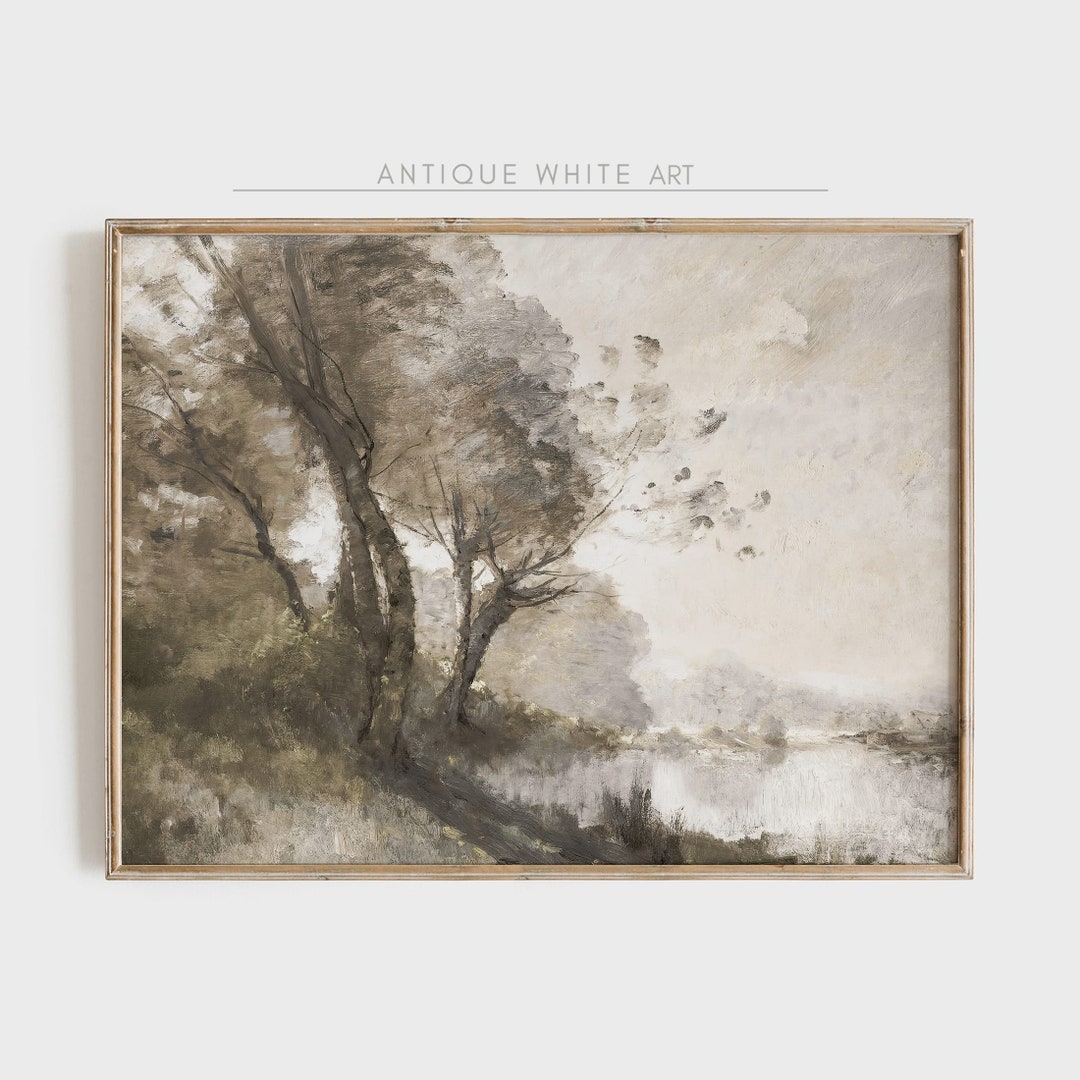 Vintage Muted Landscape Painting, Soft Tonal Print, Muted Neutral River ...
