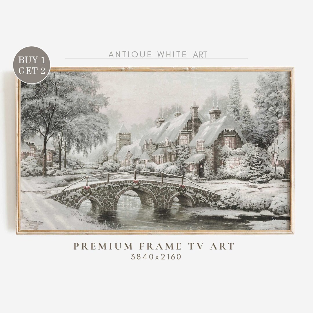 Vintage Winter Landscape Frame TV Art, Farmhouse Christmas Art for TV, Snowy Winter Oil Painting ...