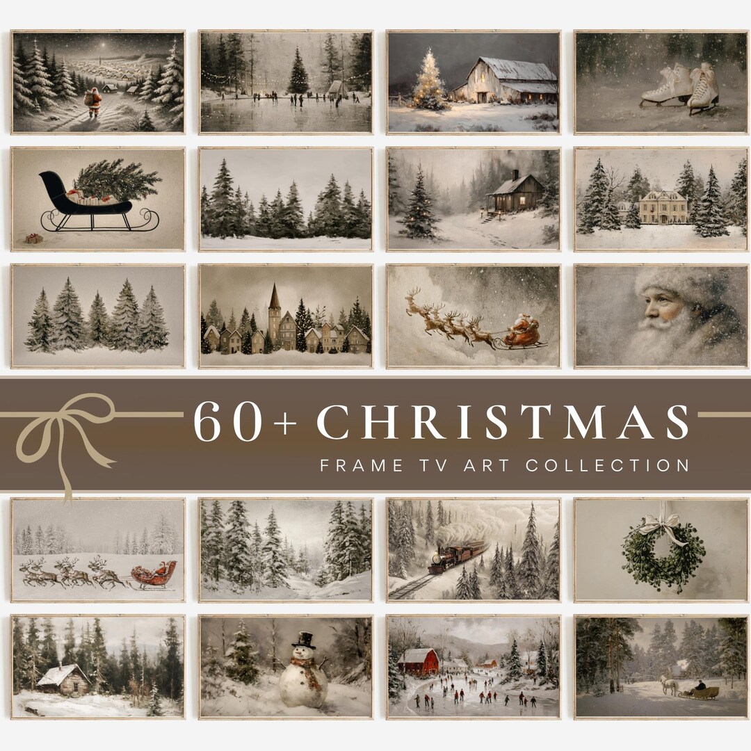 60+ Vintage Christmas Frame TV Art Set: Neutral Holiday Digital ...