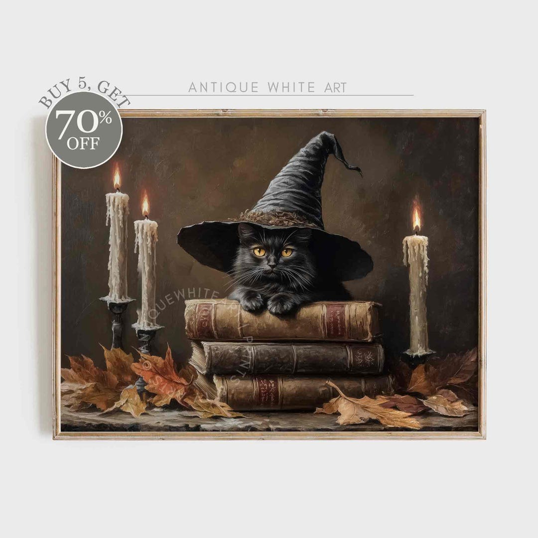 Halloween Witchy Wall Art, Black Cat Print, Dark Classic Halloween ...