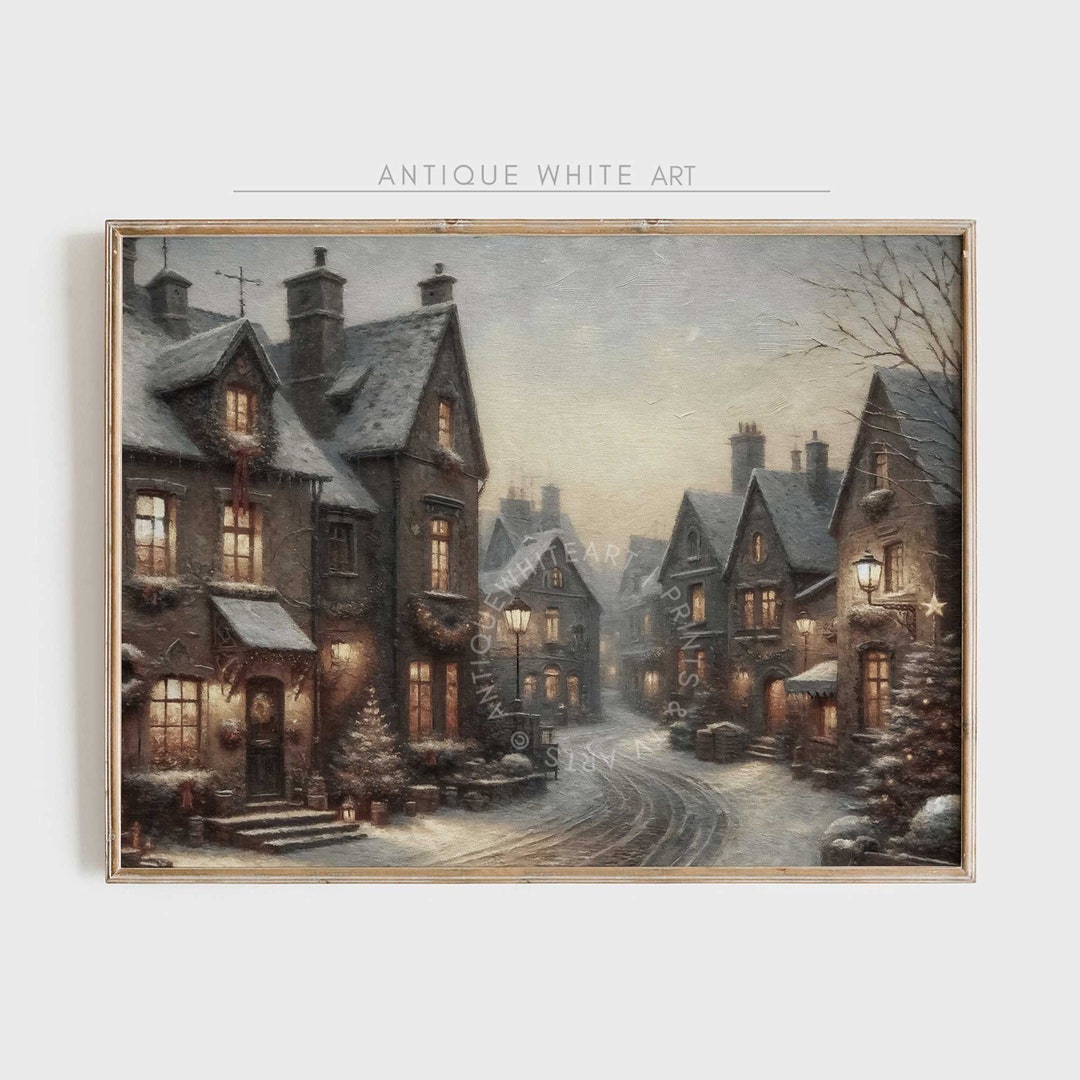 Printable Vintage Town Christmas Wall Art, Moody Winter Village Print ...