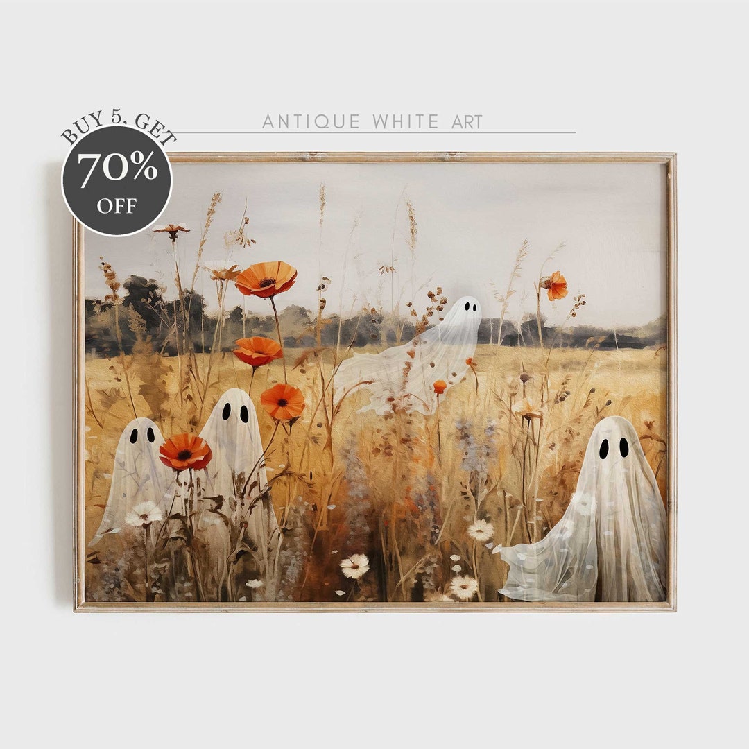 Ghosts in Wildflower Field, Fall Spooky Halloween Wall Art, Vintage ...
