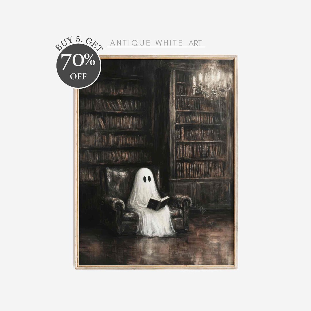 Halloween Wall Art, Spooky Ghost in Vintage Library Print, Rustic ...