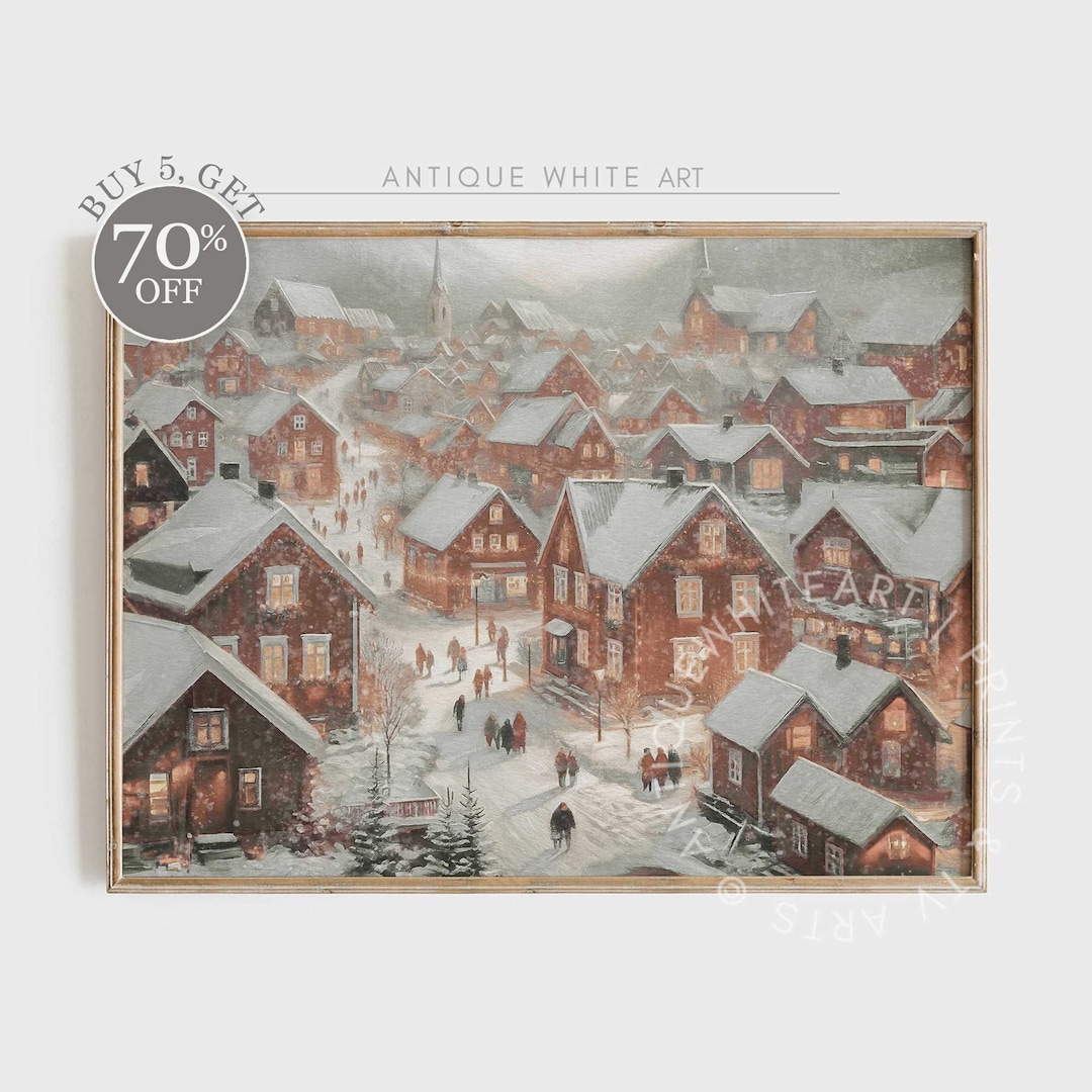 PRINTABLE Winter Wall Art, Christmas Oil Painting, Snowy Village Print ...