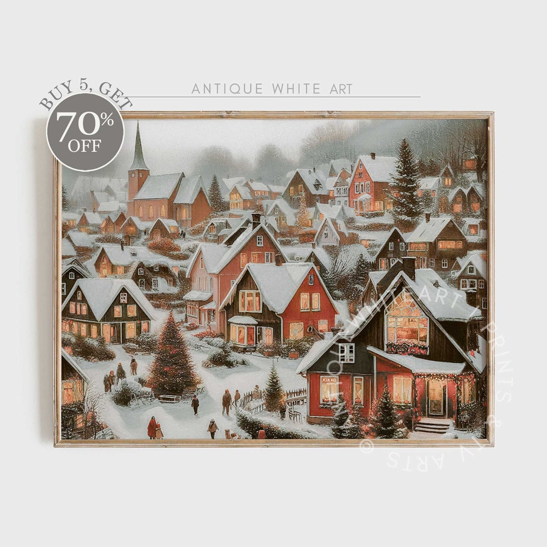 PRINTABLE Winter Wall Art, Christmas Oil Painting, Snowy Village Print ...