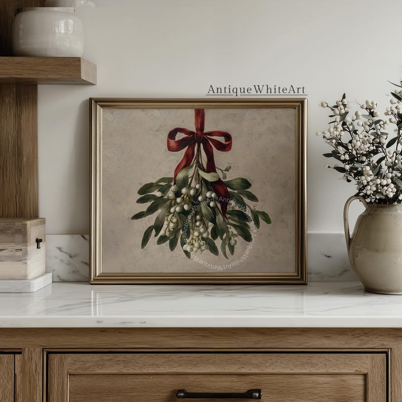 Vintage Mistletoe Christmas Print: Neutral Botanical Holiday Wall Art ...