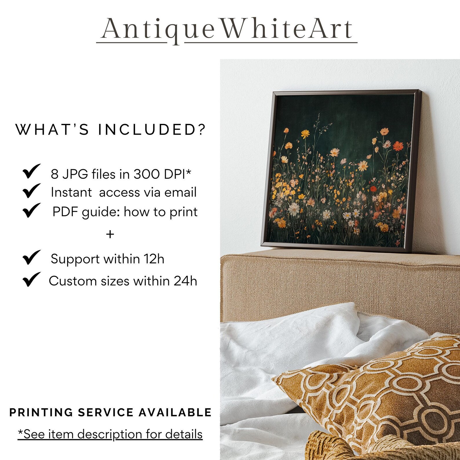 Printable Spring Dark Wildflowers Wall Art, Moody Navy Flowers Painting ...