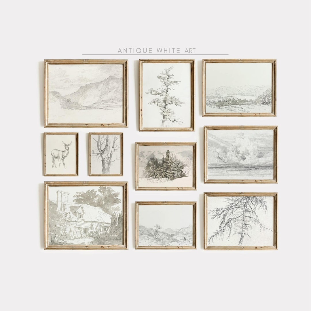 Vintage Sketch Digital Print Set of 10, Antique Beige Printable Wall ...