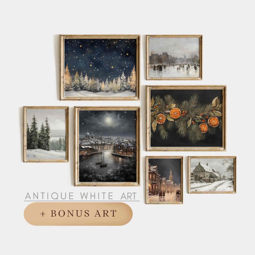 Printable Vintage Winter Prints, Set of Moody Winter Wall Arts, Dark ...
