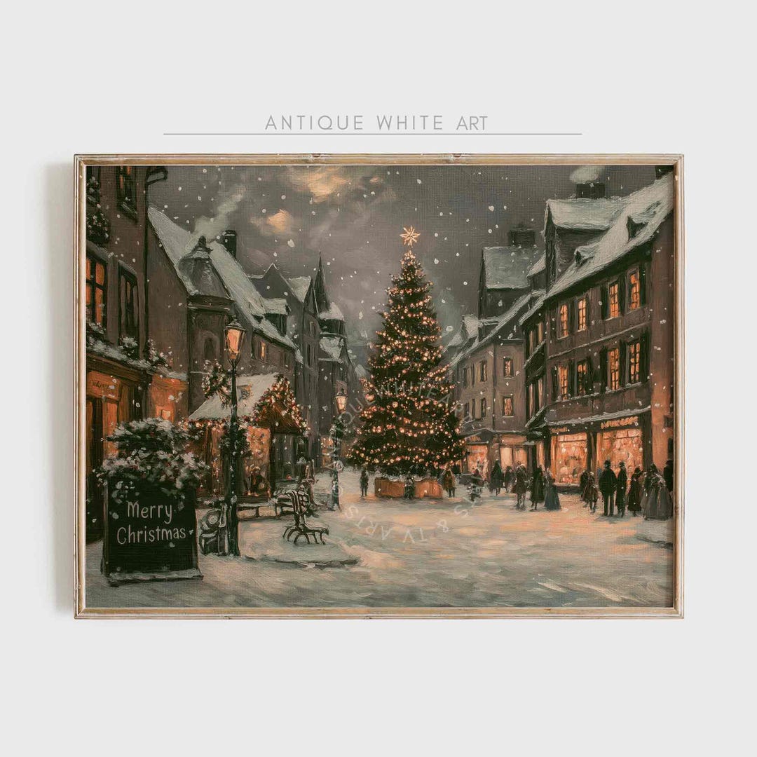 Printable Vintage Christmas Town Print, Christmas Tree Painting, Moody ...