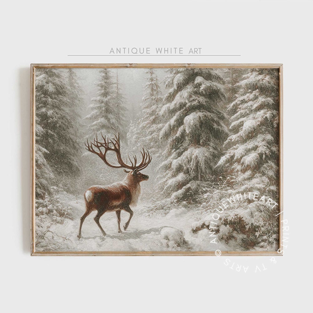 Vintage Deer in Winter Print, Snowy Forest Wall Art, Deer Print ...