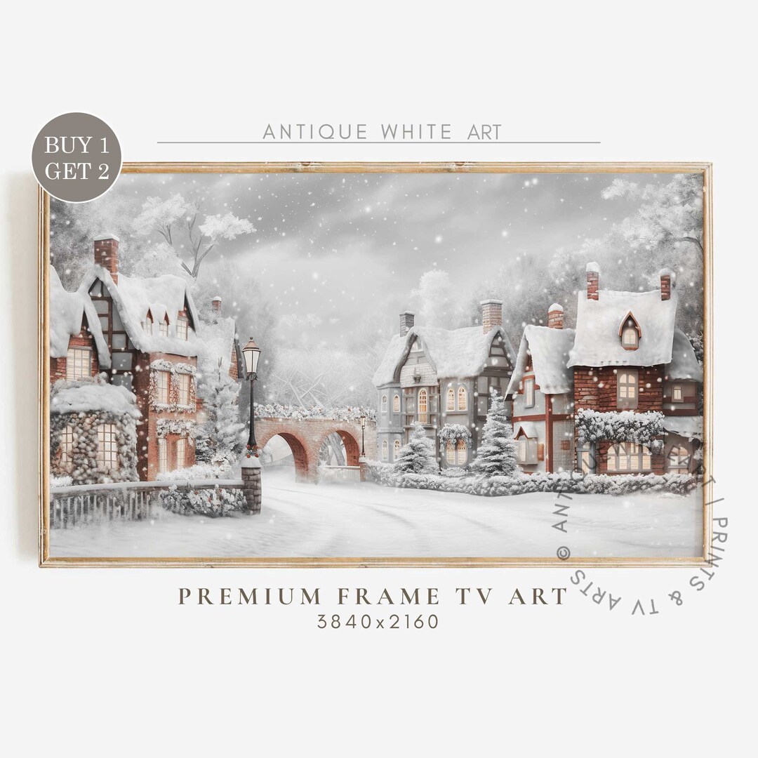 Frame TV Art Winter Village, Farmhouse Christmas Art for TV, Snowy ...