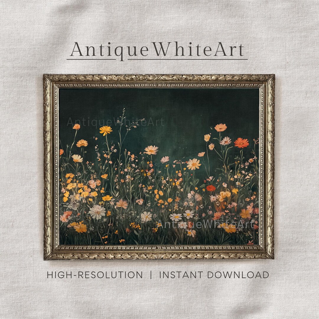 Printable Spring Dark Wildflowers Wall Art, Moody Navy Flowers Painting ...