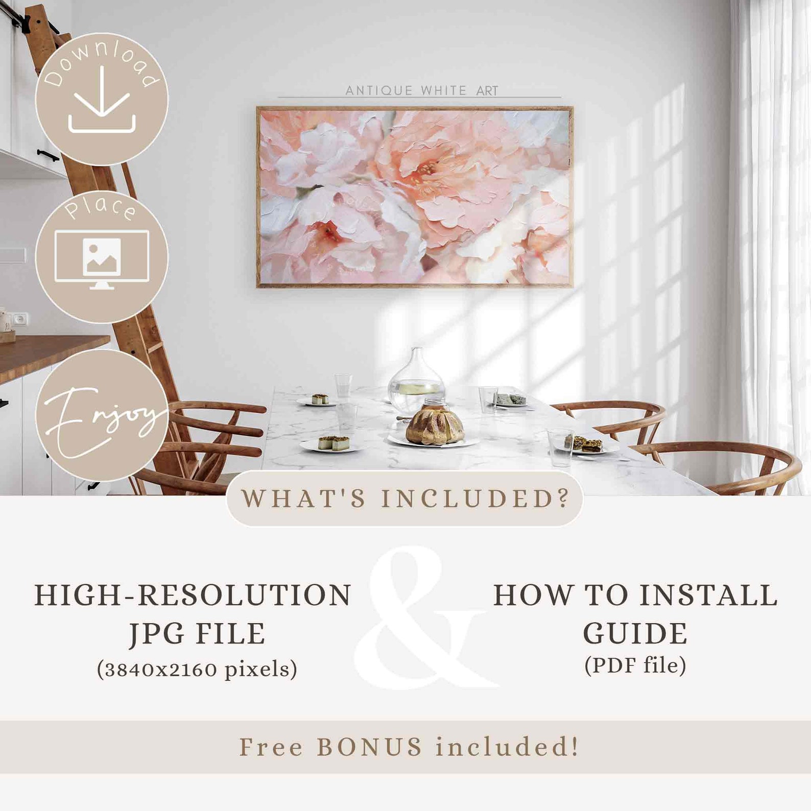 Abstract Flowers Frame TV Art, Abstract Pink Peonies Painting, Summer ...