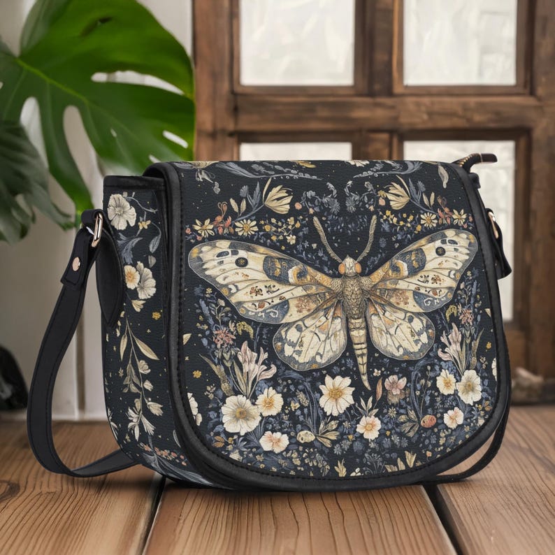 Cottagecore Moth Saddle Bag Floral Boho Handbag Organized Witchy Purse ...