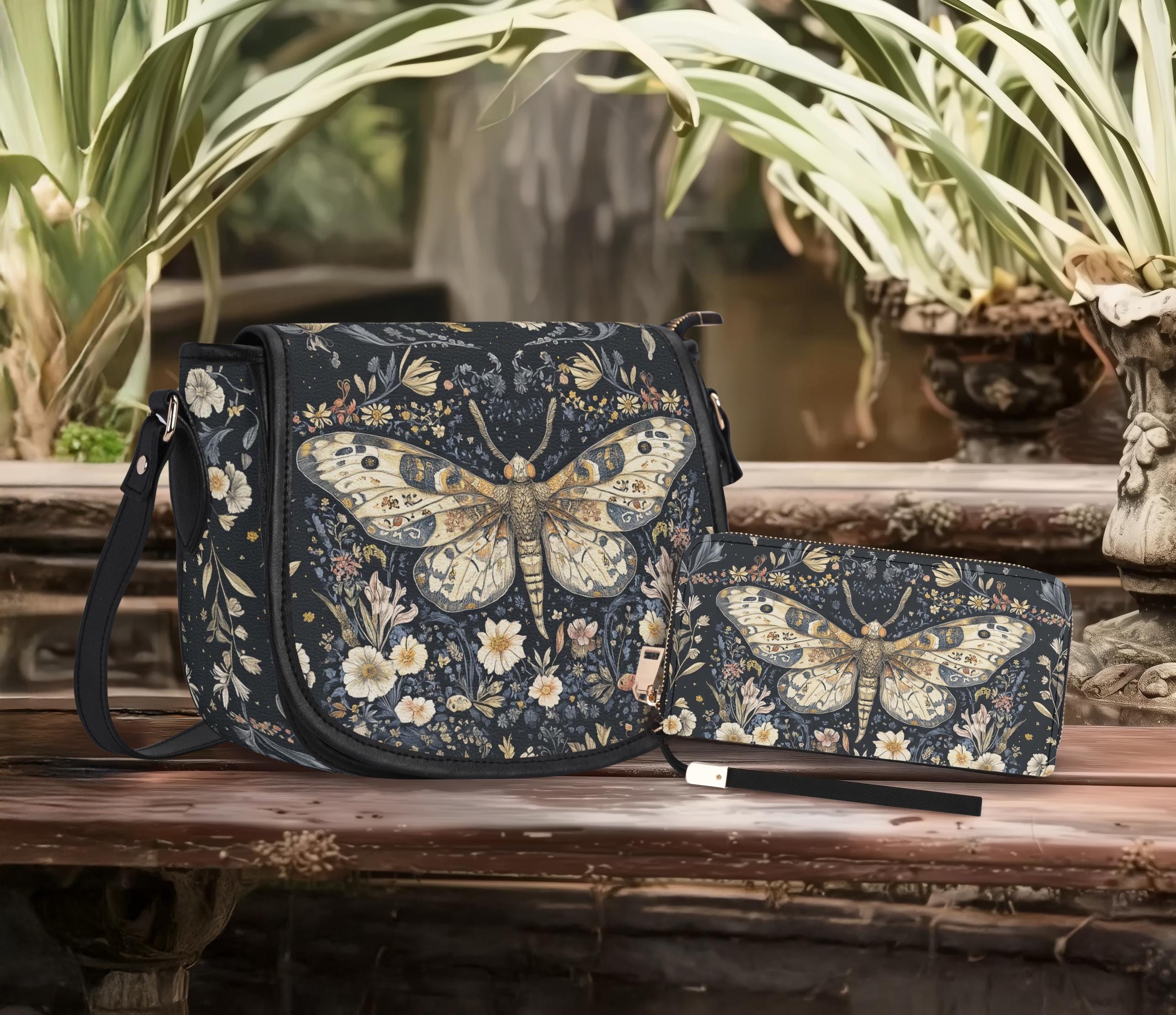 Cottagecore Moth Saddle Bag Floral Boho Handbag Organized Witchy Purse ...