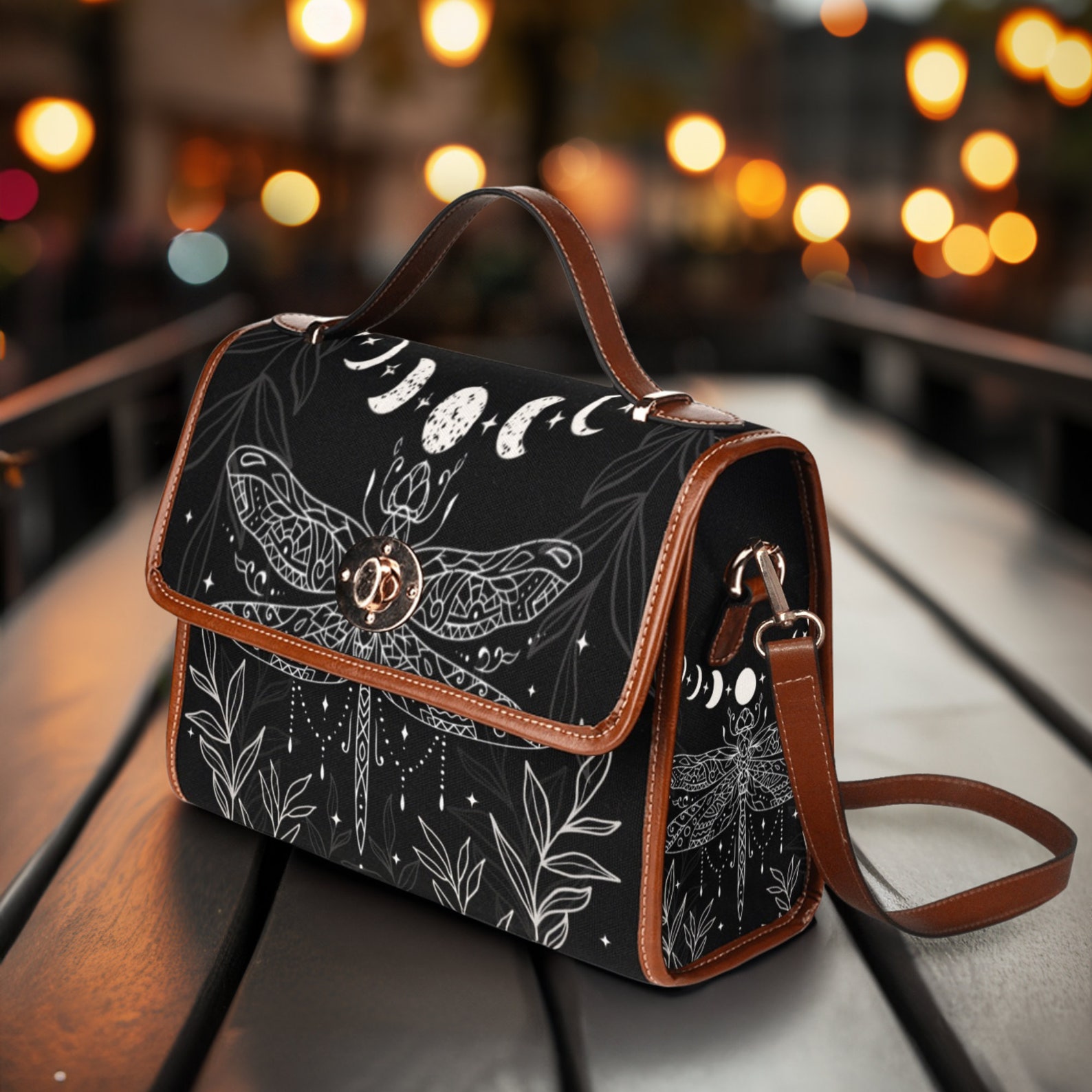 Witchcore Satchel Bag, Moon Vegan Leather Handbag, Dragonfly Crossbody ...