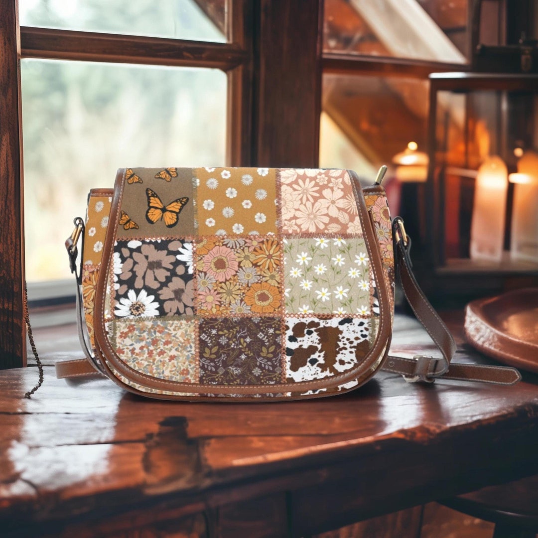 Faux Patchwork Cross Body Bag, Boho Bag, Floral Bag, Saddle Bag, Flower ...