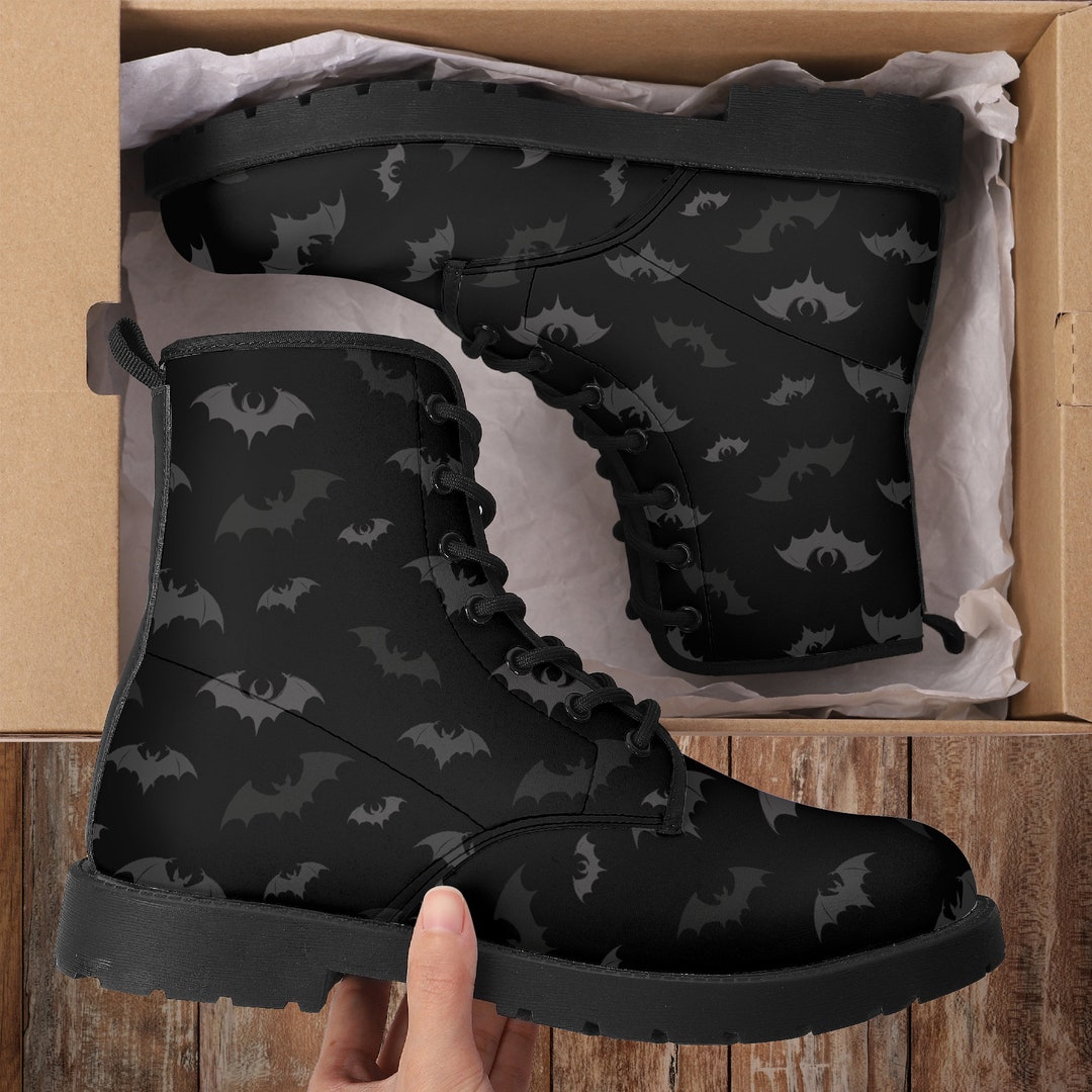 Gothic Bats Vegan Combat Boots, Faux Leather Boots, Black Boots - Etsy