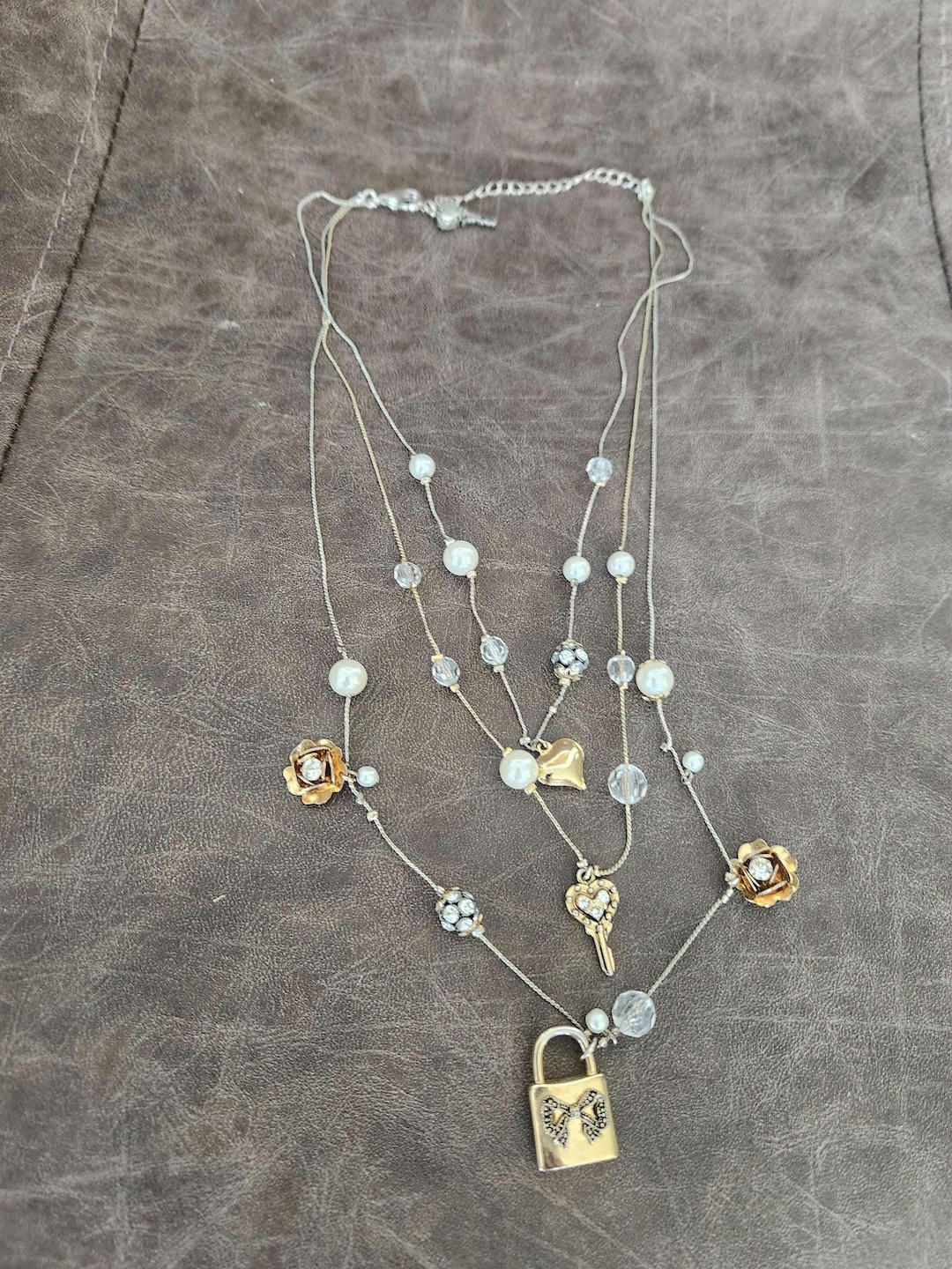 Vintage Betsey Johnson Multi-strand Tiered Necklace, Gold Pearl Rose ...