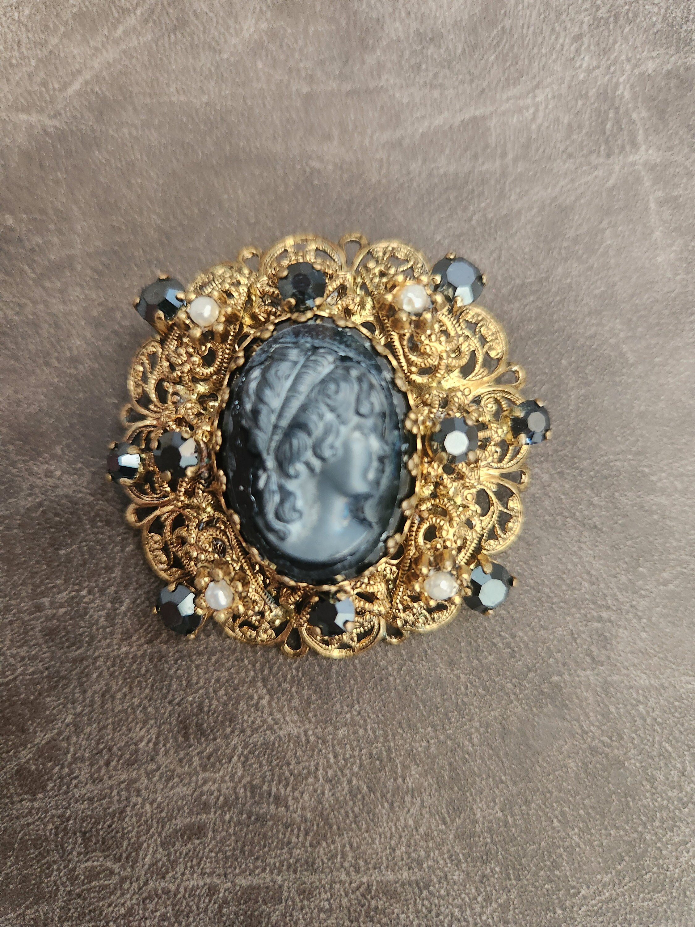 1950s Vintage West German Glass Cameo, Rhinestone, and Faux Pearl ...