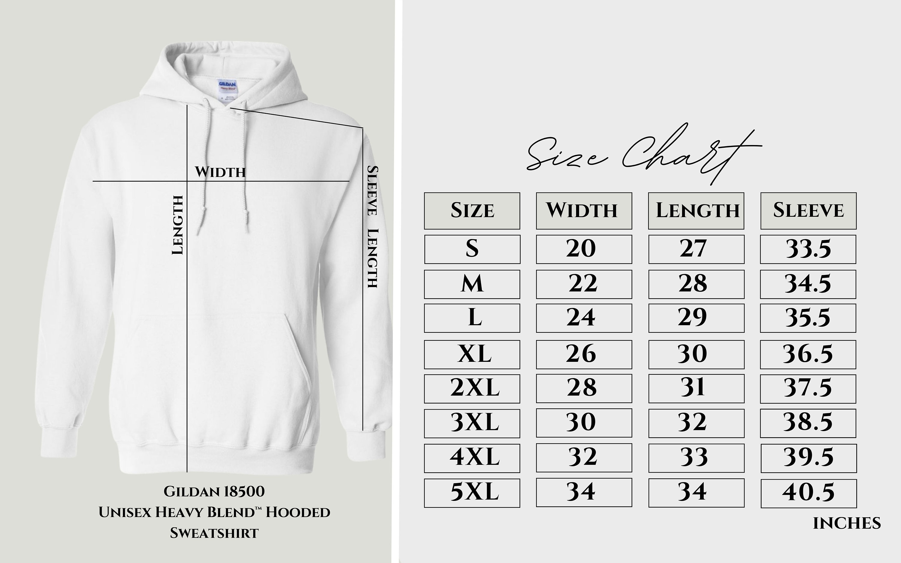 Gildan 18500 Size Chart, Gildan 18500 Bundle, Unisex Size Chart, Hoodie ...