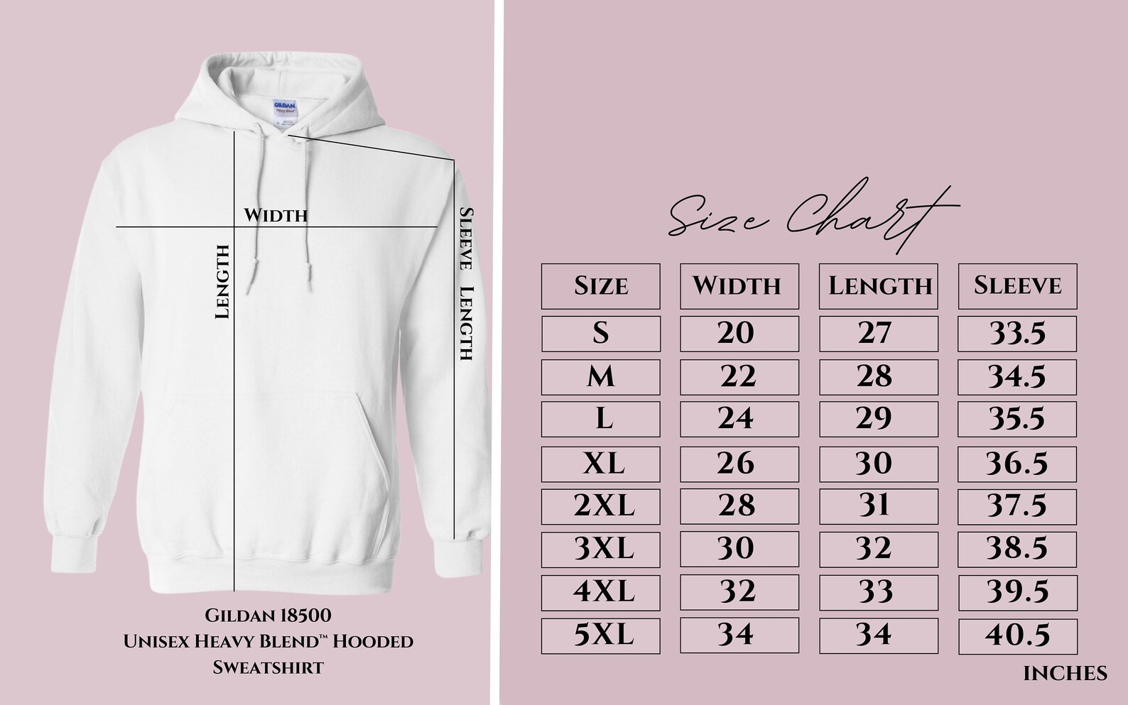 Gildan 18500 Size Chart, Gildan 18500 Bundle, Unisex Size Chart, Hoodie ...